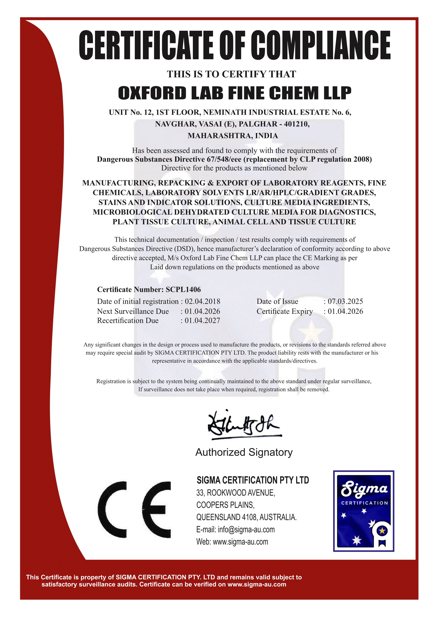 Certification | Oxford Fine Chem Lab