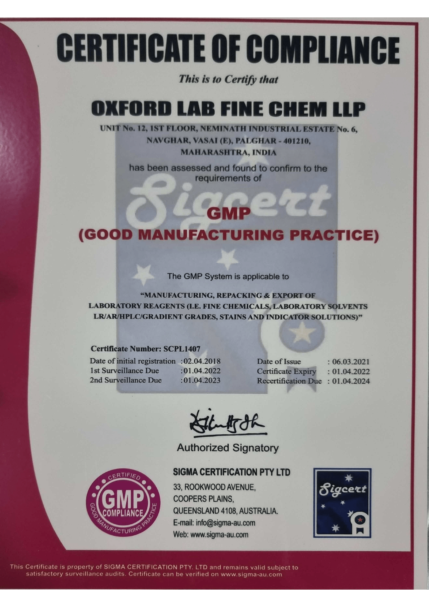 Certification | Oxford Fine Chem Lab